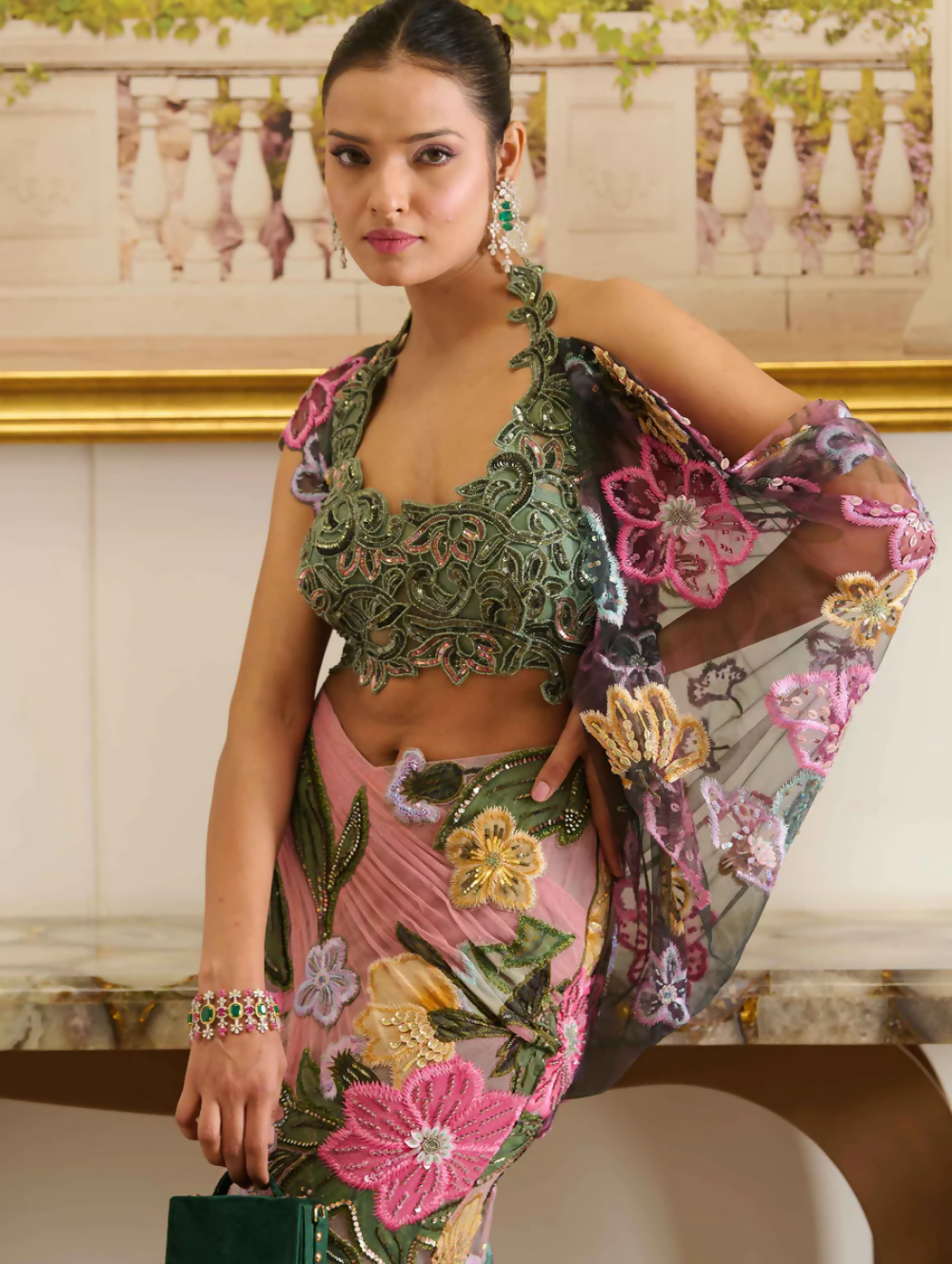 Rydia Pre-Draped Saree | Floral Garden Trail Saree | Moledro